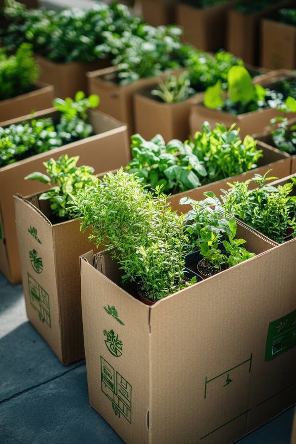 Sustainable Packaging, Cardboard Boxes Filled with Plants Represent Eco ...