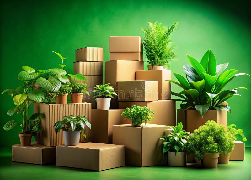 Sustainable Recycling Practices Cardboard Boxes and Greenery Showcase ...