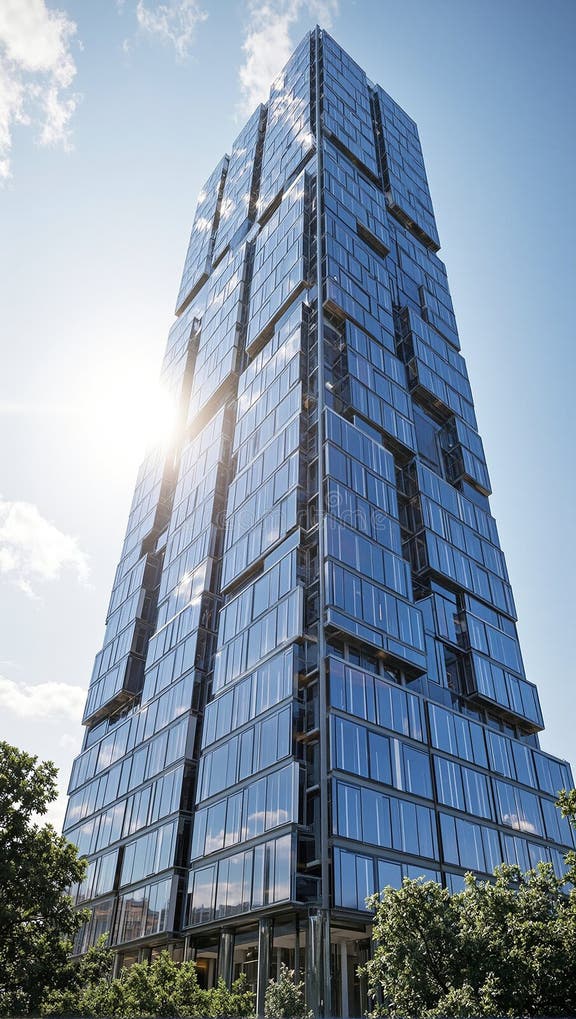 Sustainable Skyscraper with Integrated Solar Panels Reflecting Sunlight ...