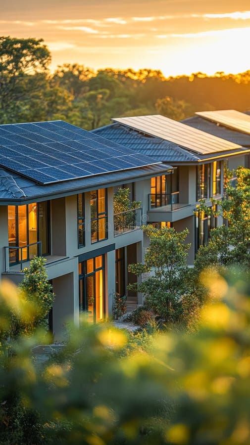 Sustainable Smart City at Sunset Featuring Solar-powered Buildings and ...