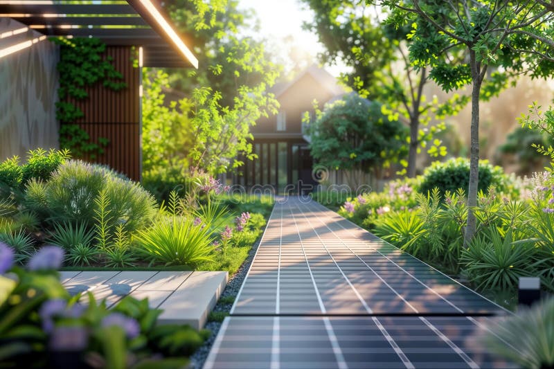 Sustainable Solar Panel Pathway Surrounded by Lush Garden, Generative ...