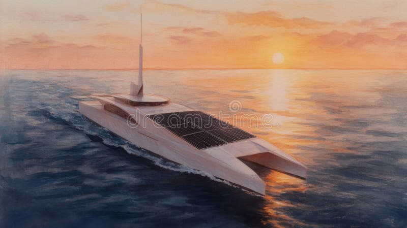 Sustainable Solar-powered Yacht Navigating at Sunset on Open Sea Stock ...
