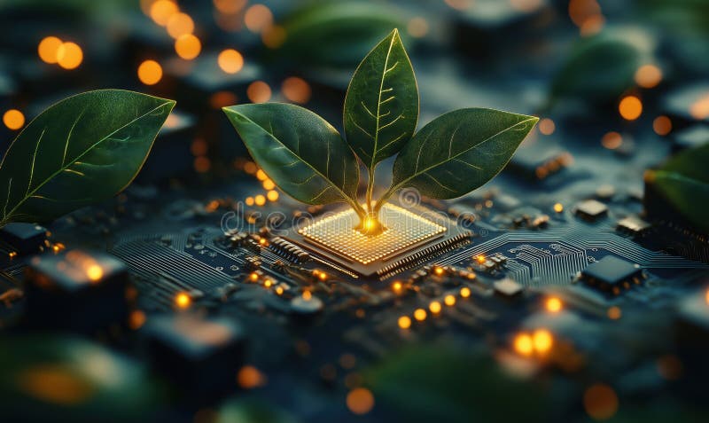 Sustainable Technology Concept Green Leaves Growing Microchip Circuit ...