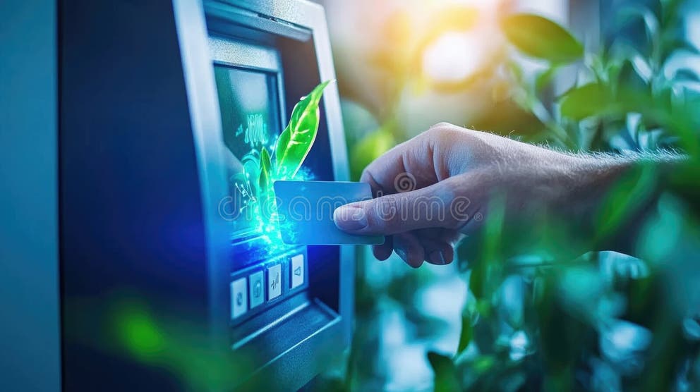 Sustainable Technology: Hand Using Card on Eco-friendly Green Atm Stock ...