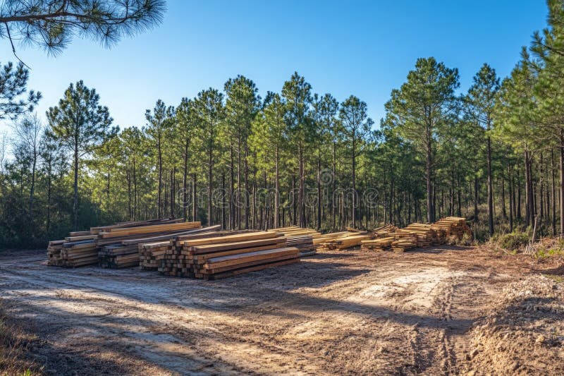 Sustainable Timber Harvest in Pine Forest Under Clear Blue Sky Stock ...