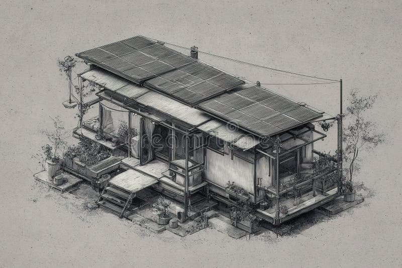 Sustainable Tiny House with Solar Panels Surrounded by Plants in a ...