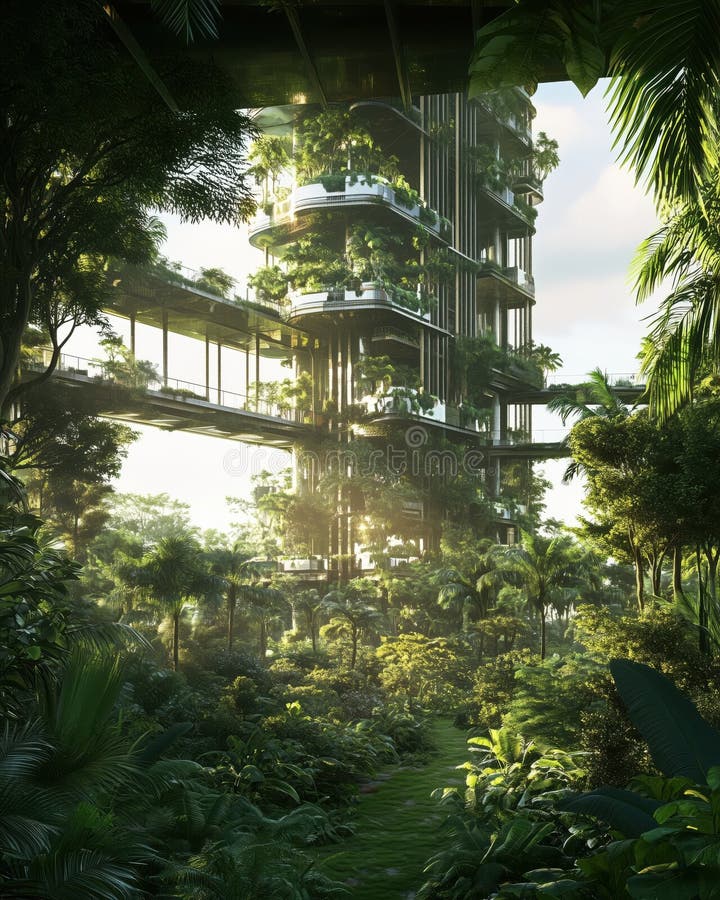Sustainable Urban Architecture Lush Rainforest Digital Rendering Serene ...