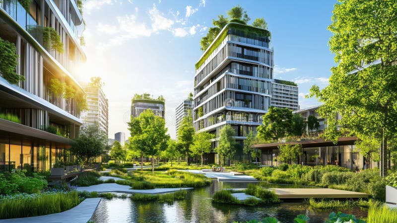 Sustainable Urban Landscape with Greenery, Modern Architecture, Water ...