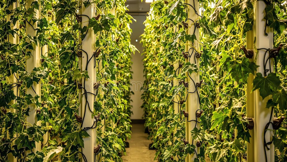 Sustainable Vertical Squash Farm with LED Lit Columns Stock ...