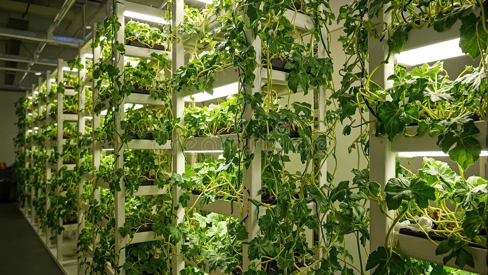 Sustainable Vertical Squash Farm with LED Lit Columns Stock ...