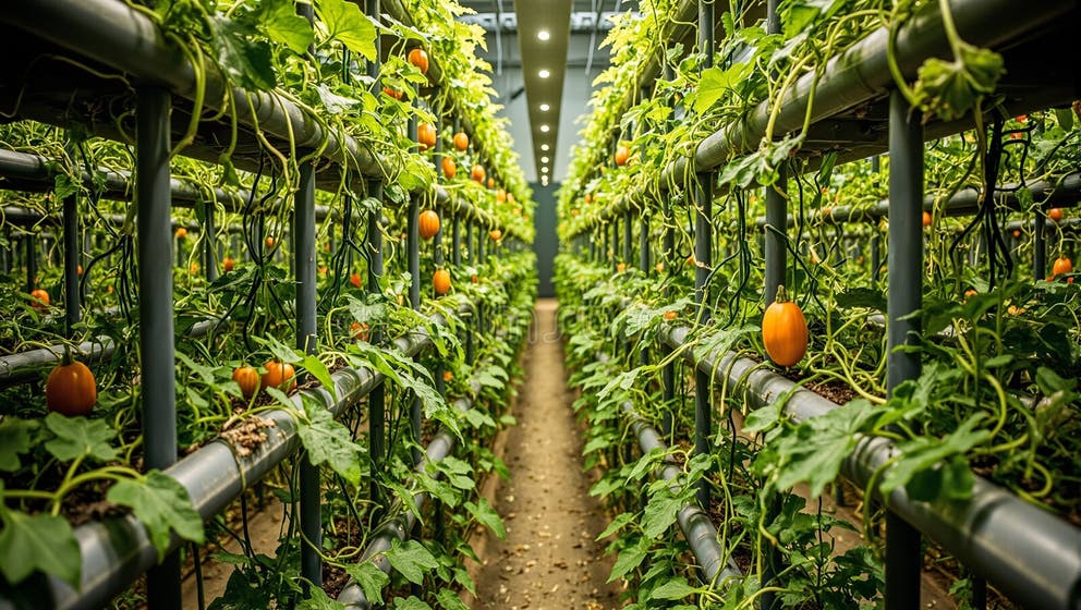 Sustainable Vertical Squash Farm with LED Lit Columns Stock ...