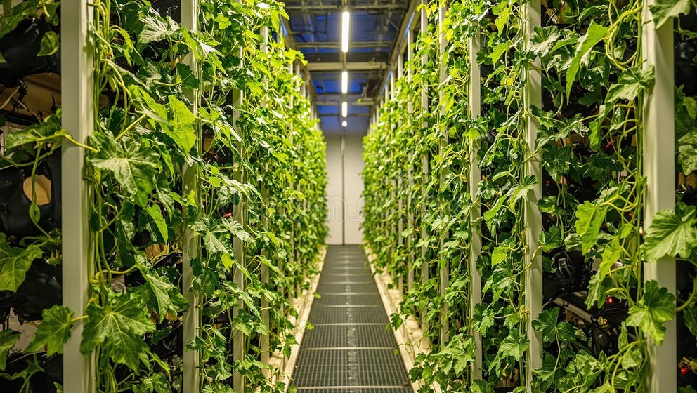 Sustainable Vertical Squash Farm with LED Lit Columns Stock ...