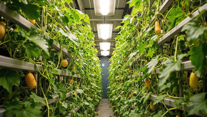 Sustainable Vertical Squash Farm with LED Lit Columns Stock ...