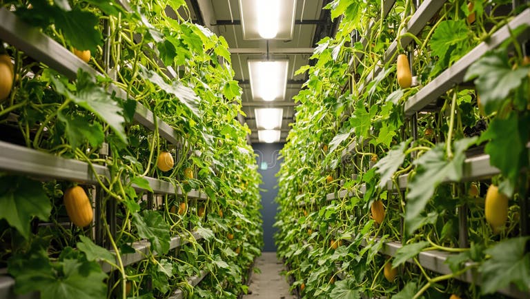 Sustainable Vertical Squash Farm with LED Lit Columns Stock ...