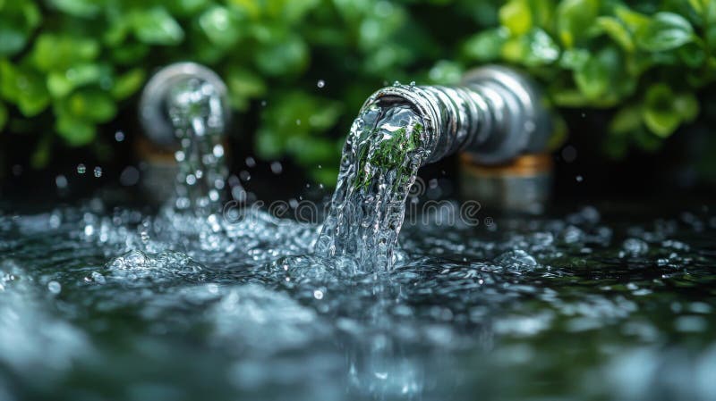 A Sustainable Water Distribution System in Action with Flowing Water Against Lush Greenery Stock ...