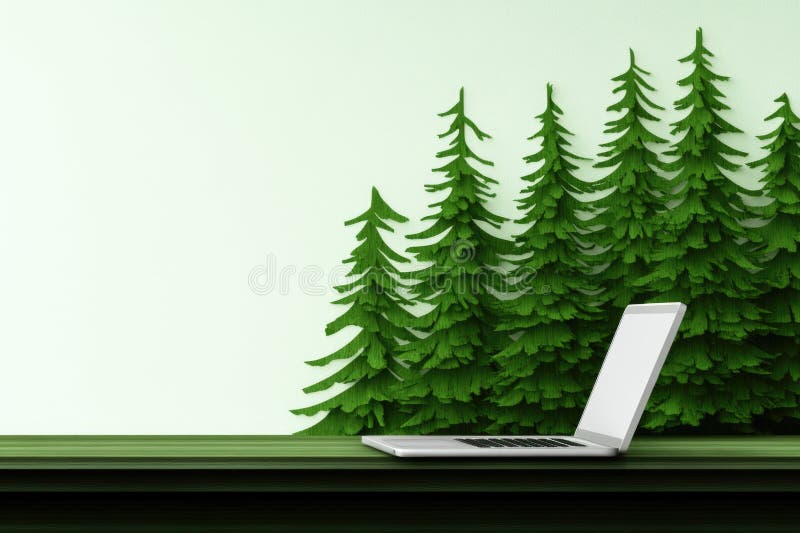 Sustainable Workspace Concept with Laptop and Green Pine Trees Stock ...