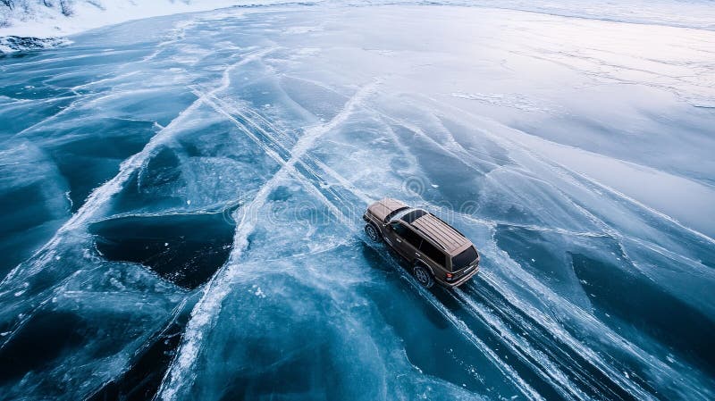SUV Driving Over Frozen Lake, Ice Cracking Under Wheels . Stock Image ...