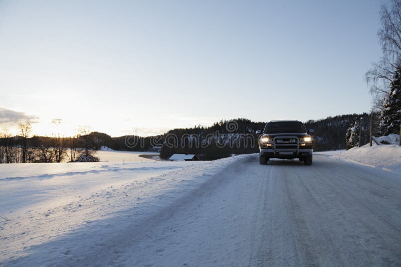 Suv, Driving in Winter Sunset Stock Image - Image of peaceful, nature ...