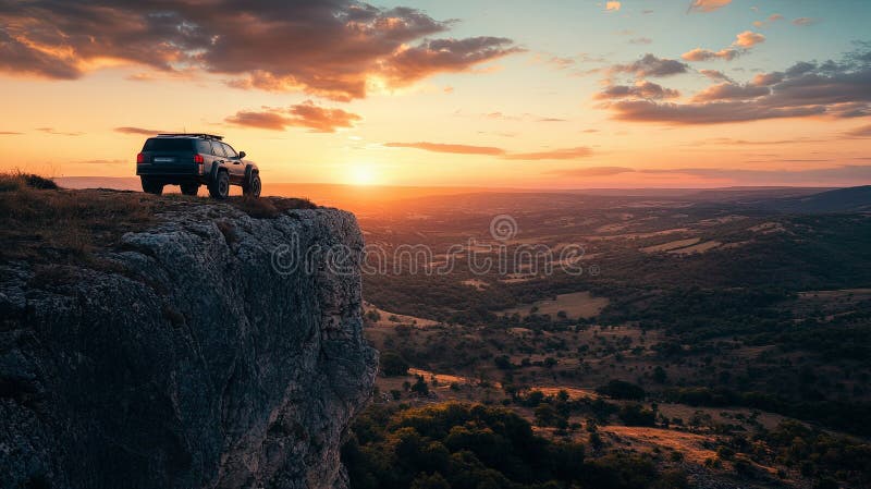 SUV at Edge of Cliff, Breathtaking Valley View, Sunset Horizon . Stock ...