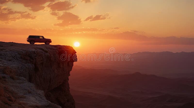 SUV at Edge of Cliff, Breathtaking Valley View, Sunset Horizon . Stock ...