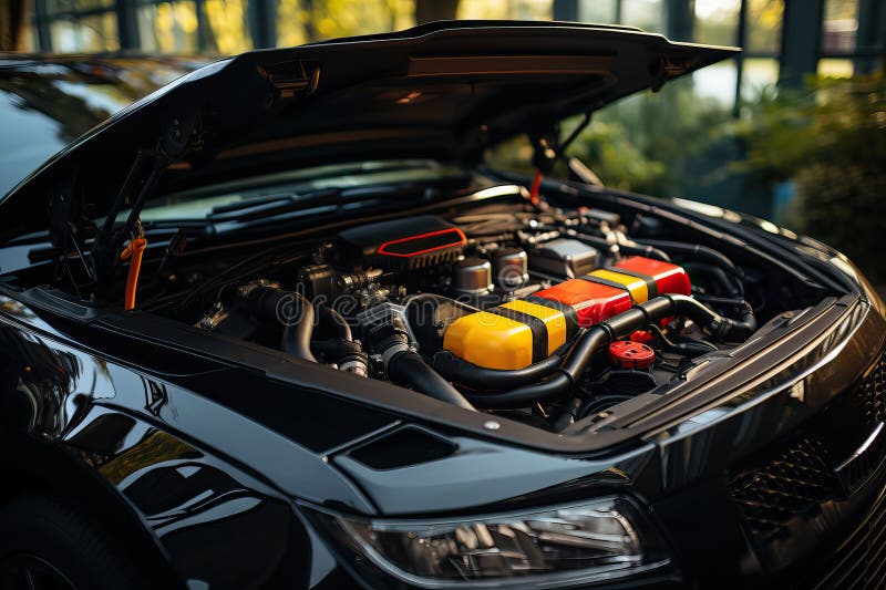 SUV Engine Compartment with Open Hood Close-up Stock Image - Image of ...
