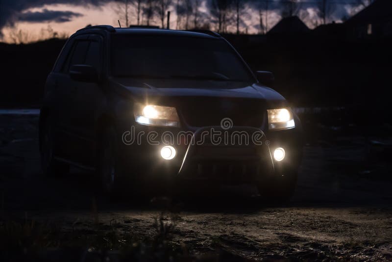 SUV at Night in the Forest Outside the Village Stock Photo - Image of ...