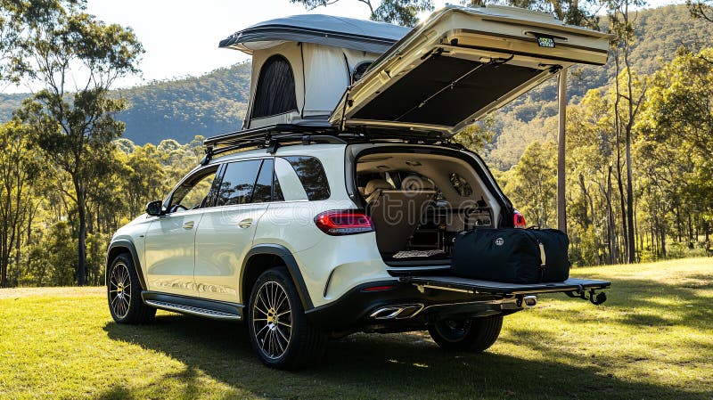 SUV with Open Trunk and Rooftop Tent in Forest Setting. Stock Image ...