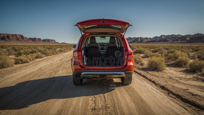 SUV Parked on a Desert Road with Open Trunk Stock Illustration ...
