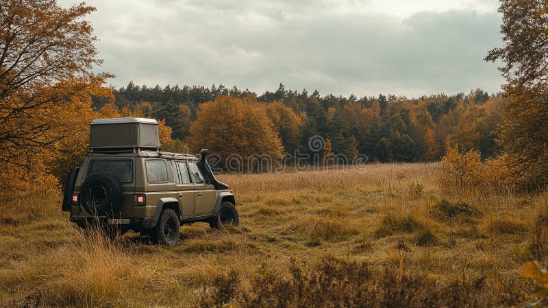 SUV with Portable Shower Setup in Wild Field, Self-sufficient ...