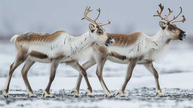 Svalbard Reindeer with Large Antlers. Two Reindeer in the North on the ...