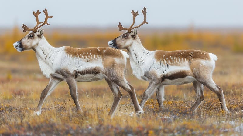 Svalbard Reindeer with Large Antlers. Two Reindeer in the North on the ...