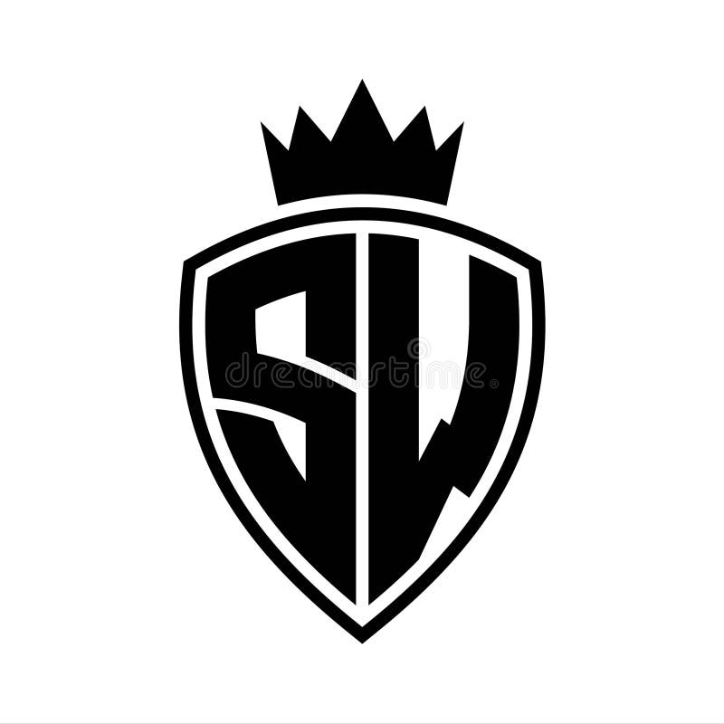 SW Letter Monogram Shield and Crown Outline Shape with Black and White ...