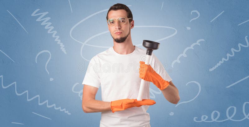 Swabber with Orange Rubber Gloves Stock Photo - Image of cleaning, blue ...