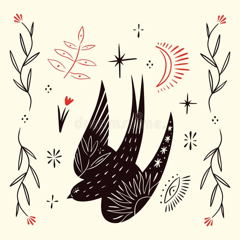 Swallow Bird and Flowers Frame, Set of Vector Ornate Design Elements ...