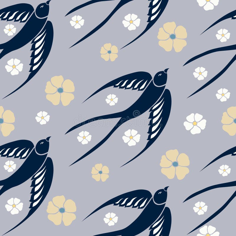 Swallow Fabric Pattern Silhouettes Style with Jasmine Flowers Stock ...