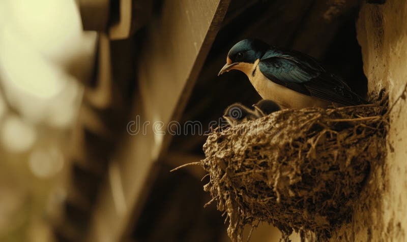 A Swallow Feeding Its Chick in a Mud Nest Under the Eaves of a House ...