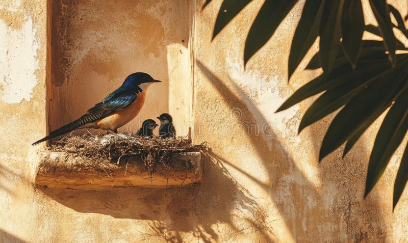 A Swallow Feeding Its Chick in a Mud Nest Under the Eaves of a House ...