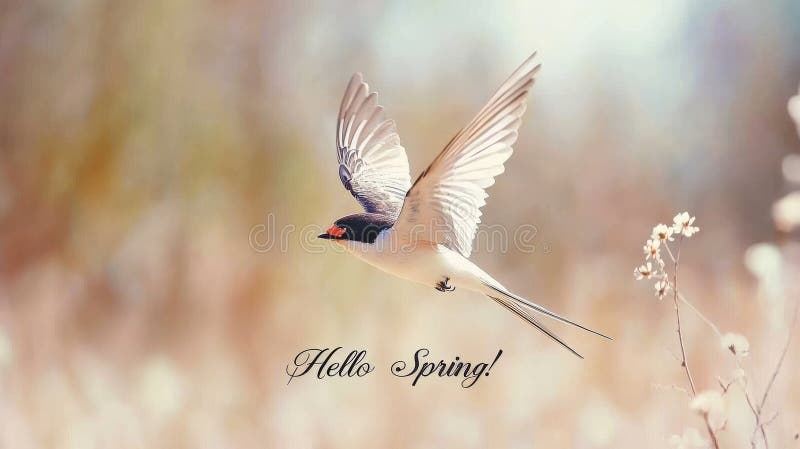 Swallow in Flight with Hello Spring Lettering Stock Photo - Image of ...