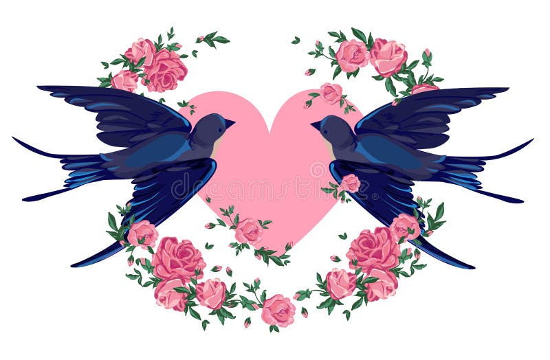 Swallow and Flowers Vector Illustration. Bird Flying, Bird Silhouette ...