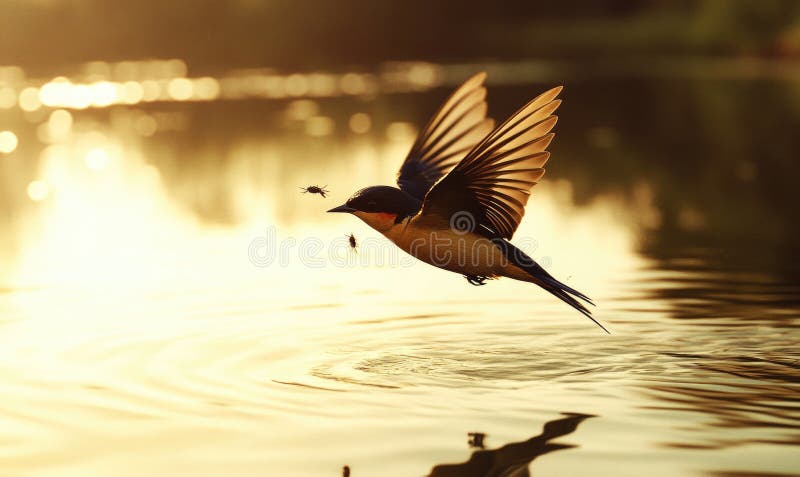 A Swallow Flying Low Over a River, Catching Insects, Rippling Water ...