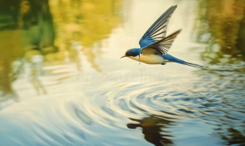 A Swallow Flying Low Over a River, Catching Insects, Rippling Water ...