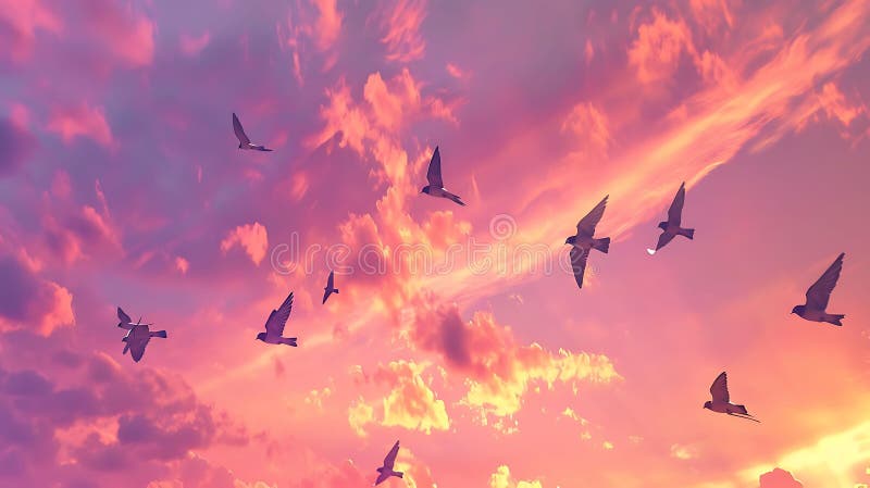 Swallows Flying in a Sunset Sky Stock Illustration - Illustration of ...