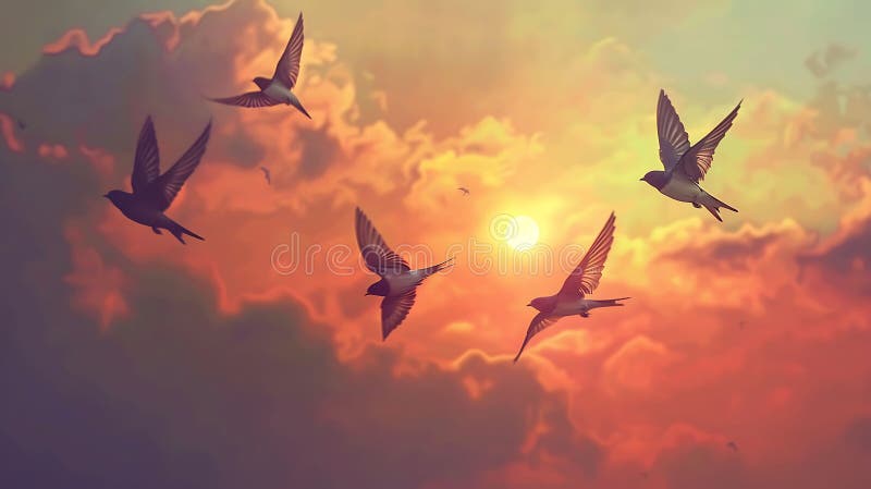 Swallows Flying in a Sunset Sky Stock Illustration - Illustration of ...