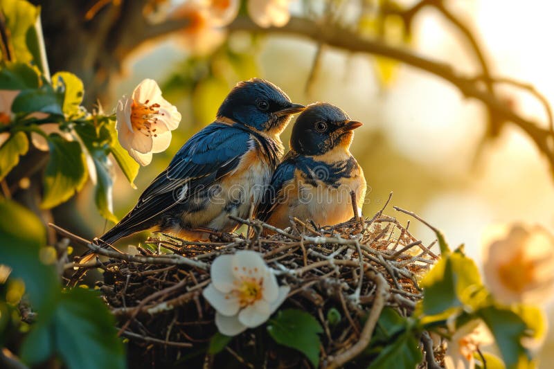 Swallows Nesting on Blooming Tree Branch. Stock Illustration ...