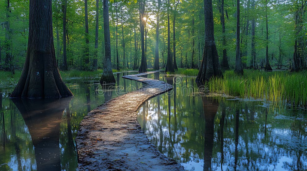 Swamp Boardwalk Sunrise Path Reflection Tranquility Stock Illustration ...