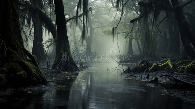 A Swamp Enveloped in Fog with Water and Trees in the Background Stock ...