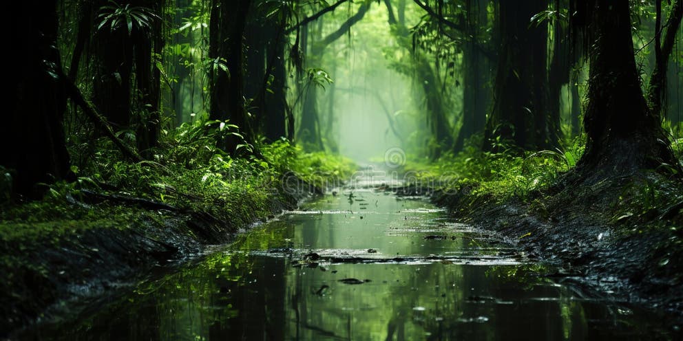 Swamp Forest with a Light Mist. Quagmire in the Spring Green Forest ...