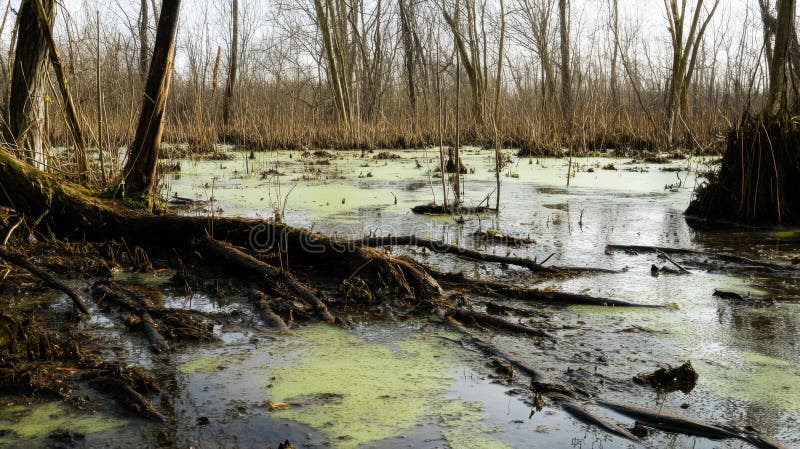 Swamp Landscape with Muddy Water and Bare Trees Stock Image - Image of ...