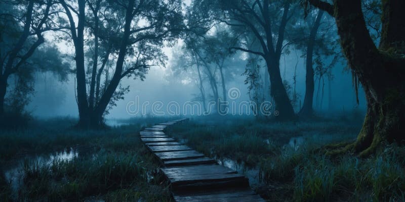 Swamp Path Blue Mist Blue Morning Fog. Stock Image - Image of marsh ...