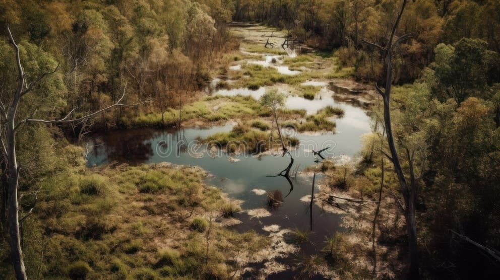 Swamp, River and Trees Seen from Above Stock Illustration ...